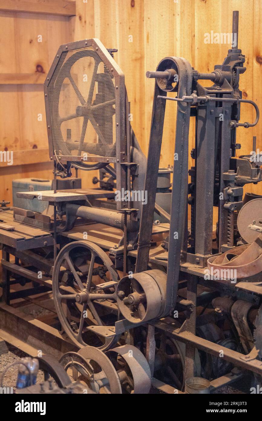 A comprehensive display of industrial machinery in a room with wooden ...