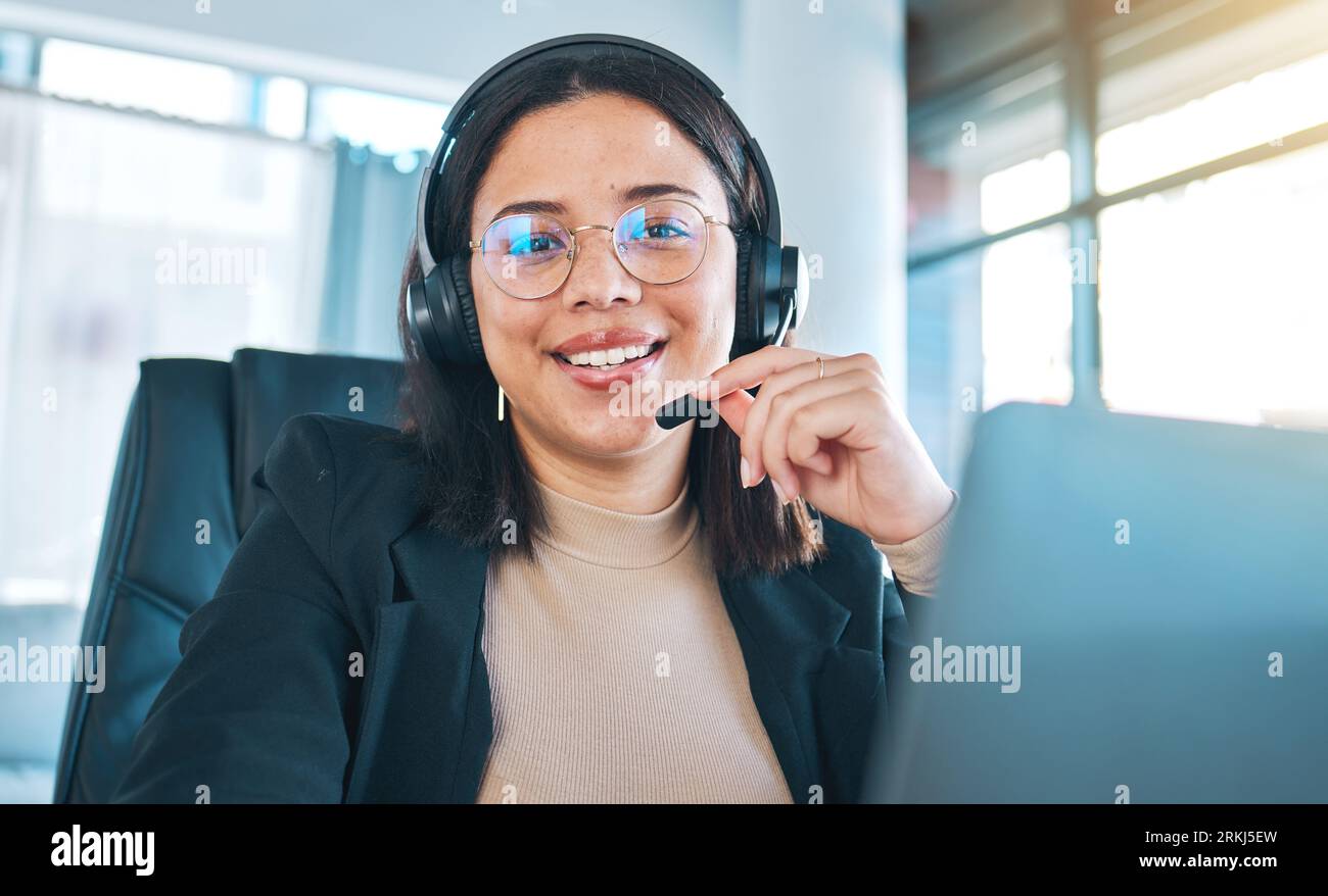 Portrait, customer service and woman in remote work in home telemarketing, help desk and contact ...
