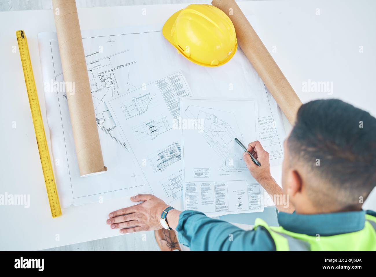 Blueprint, top view architect and planning man, engineer or developer ...