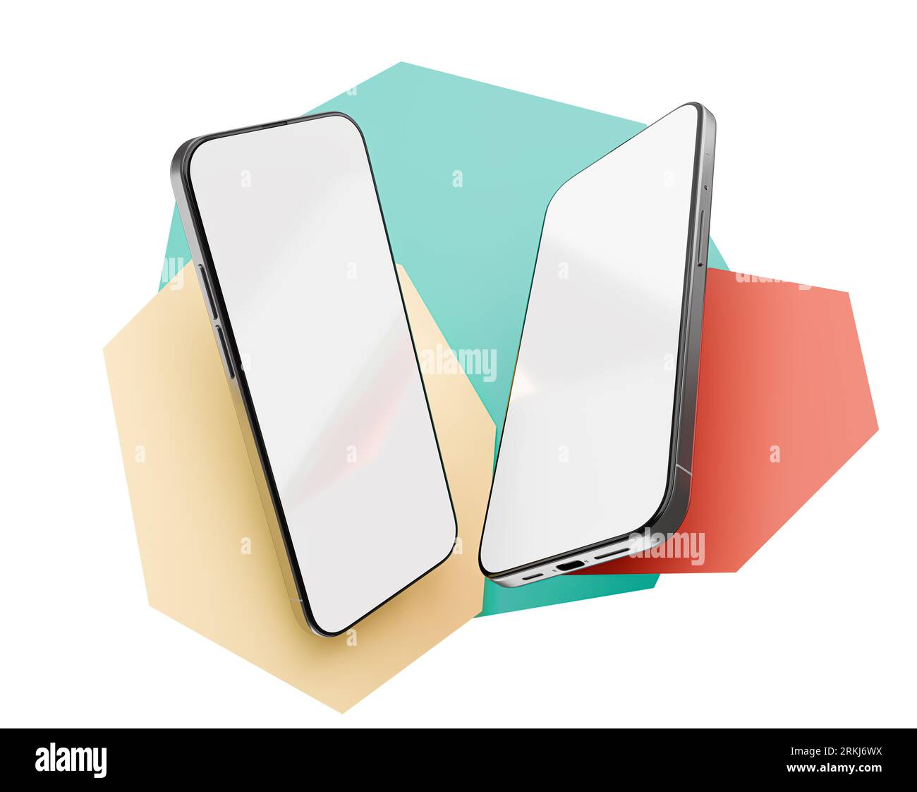 Two smartphones side by side with modern bezel-less blank screens. 3D ...