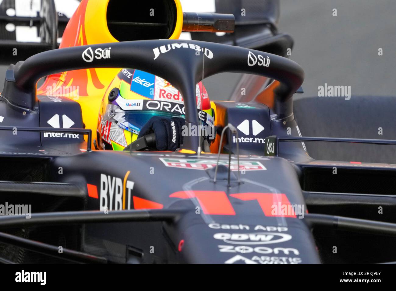 Mexican Formula One driver Sergio Perez of Red Bull Racing steers his car during the second ...