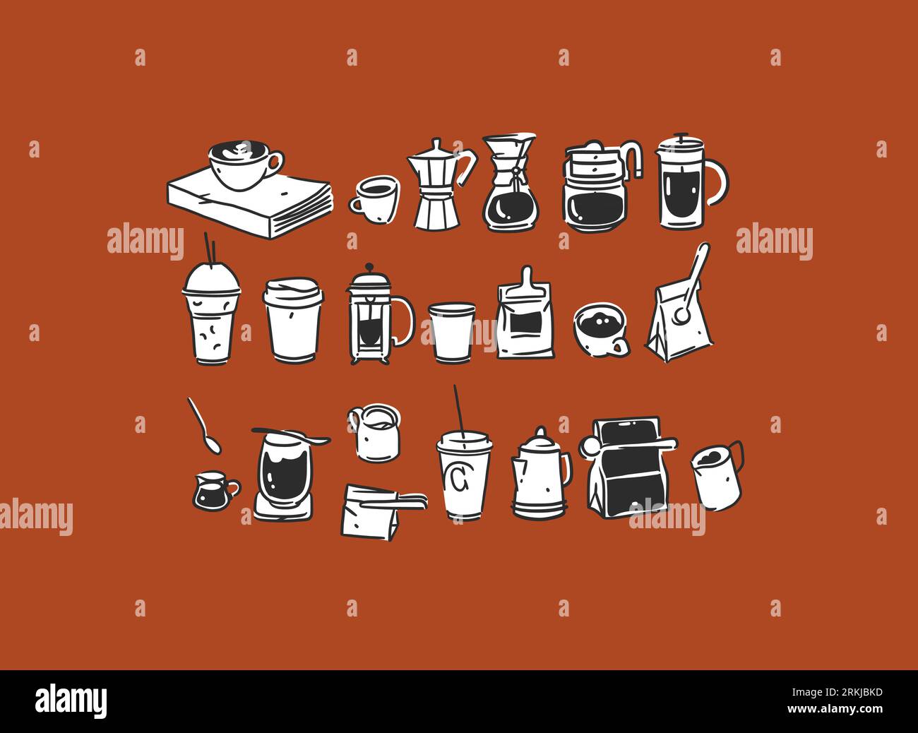 Set of coffee elements, kettle, mug and cups . Trending vector doodle ...
