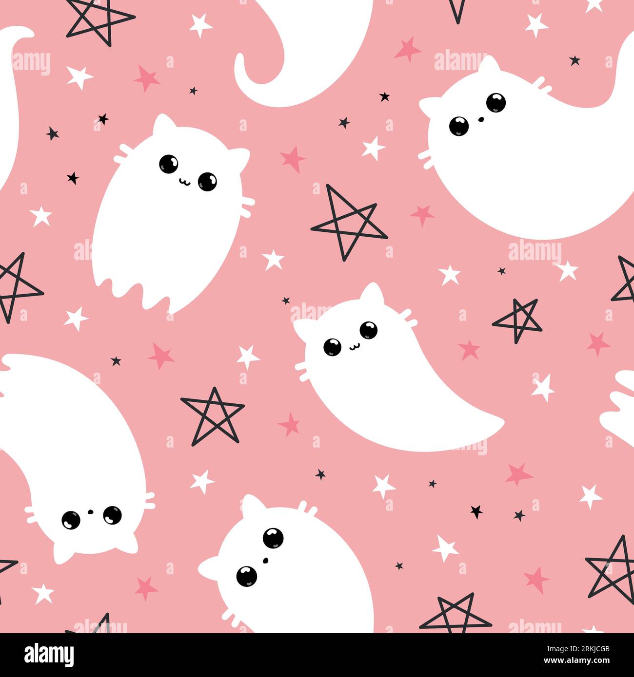 Halloween seamless pattern. Vector illustration of cute ghost cats on a ...