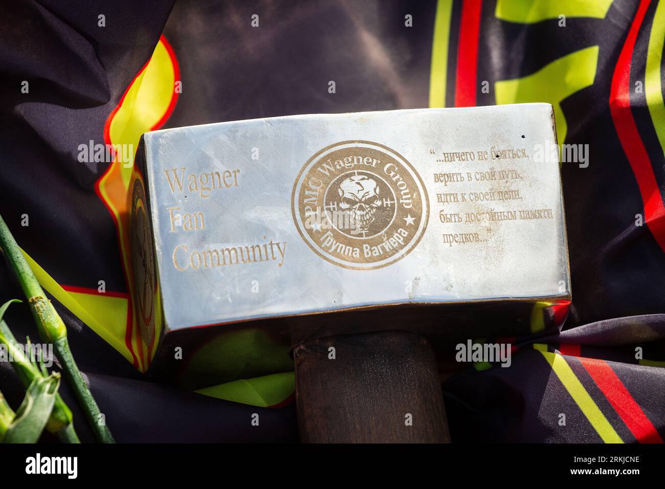 A sledgehammer, one of the symbols of the PMC Wagner group seen laid at ...