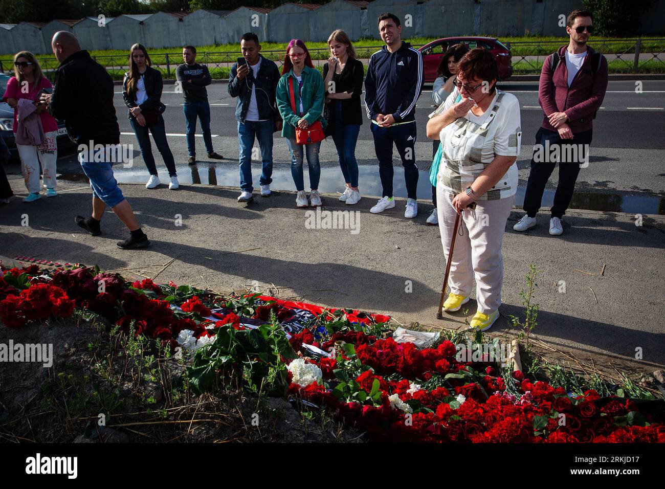 Flowers laid in memory of Yevgeny Prigozhin at a spontaneous memorial ...