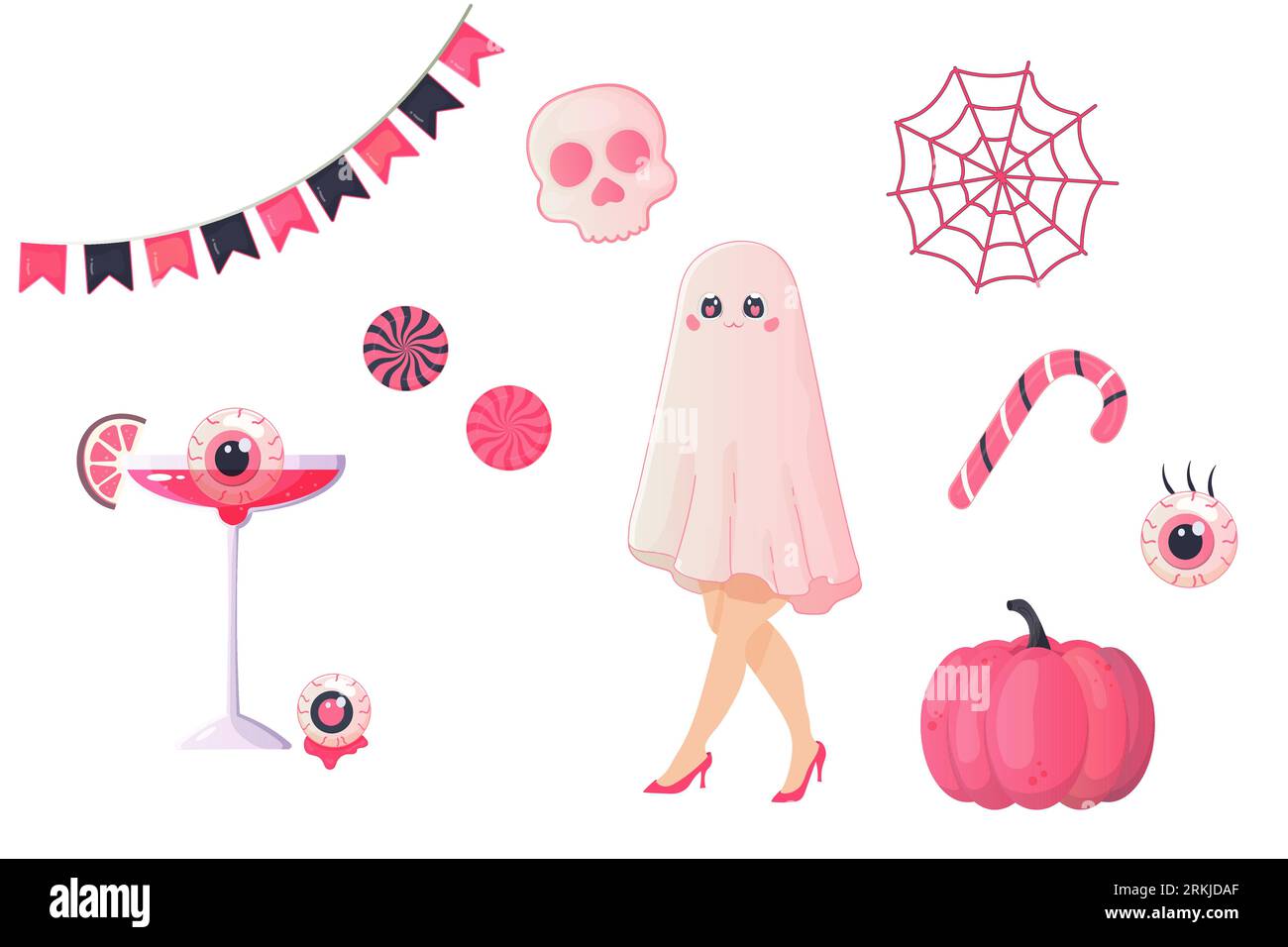 Set of pink Halloween stickers doll, pumpkin, candy, girl, cocktails ...