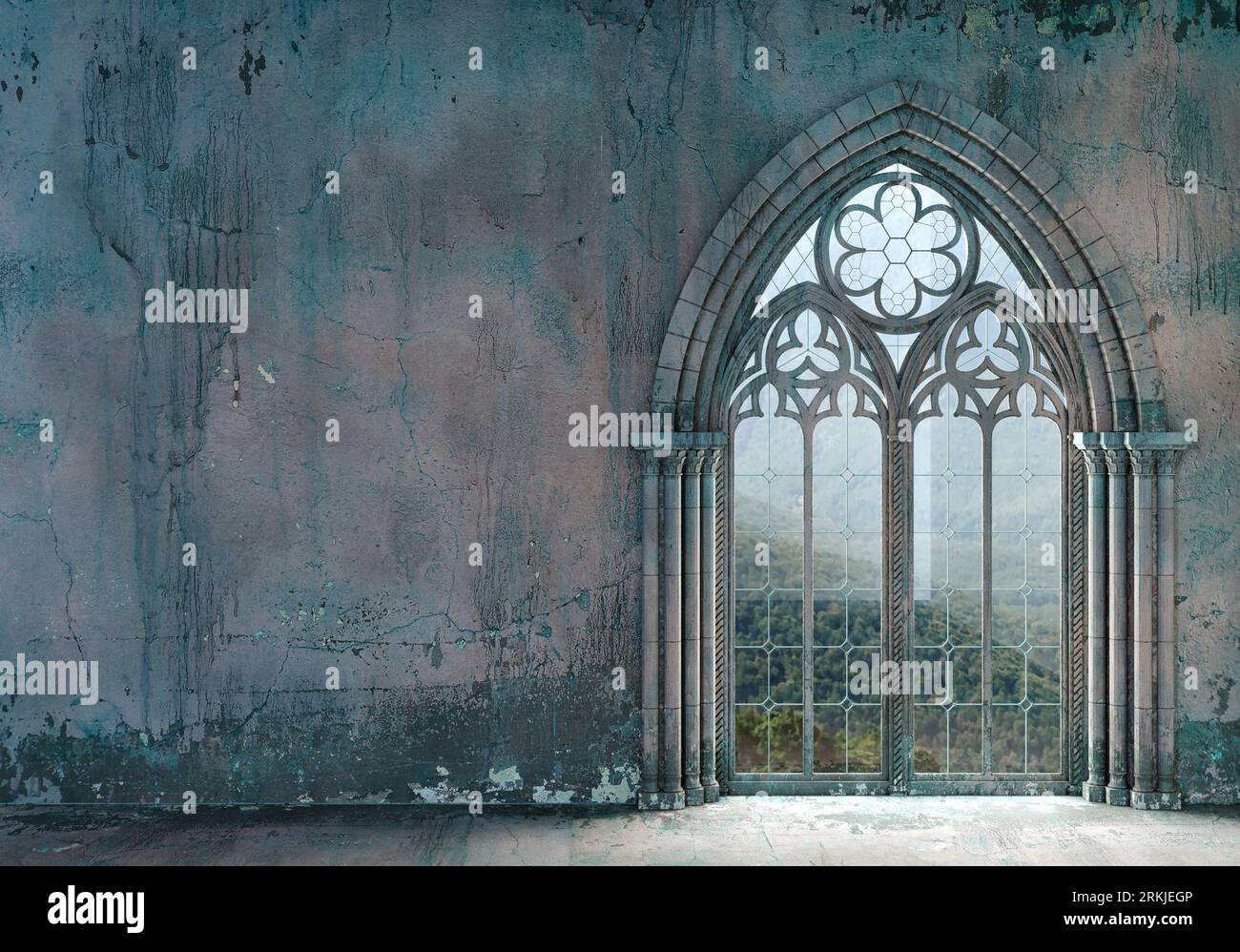 Abandoned castle with a large gothic window sunset rays Stock Photo - Alamy