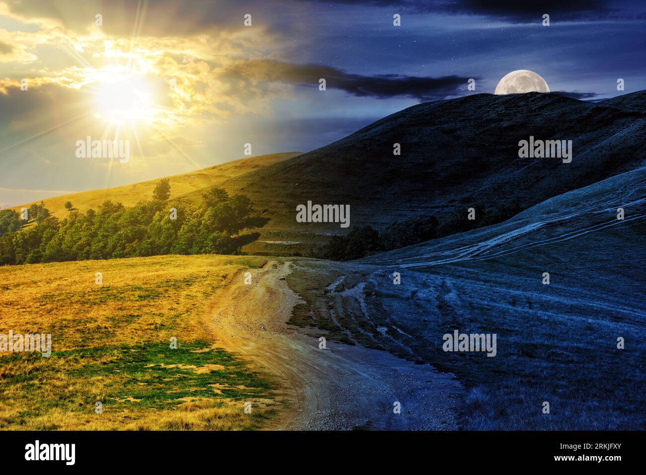 early autumn mountain landscape with path through the hillside with sun ...