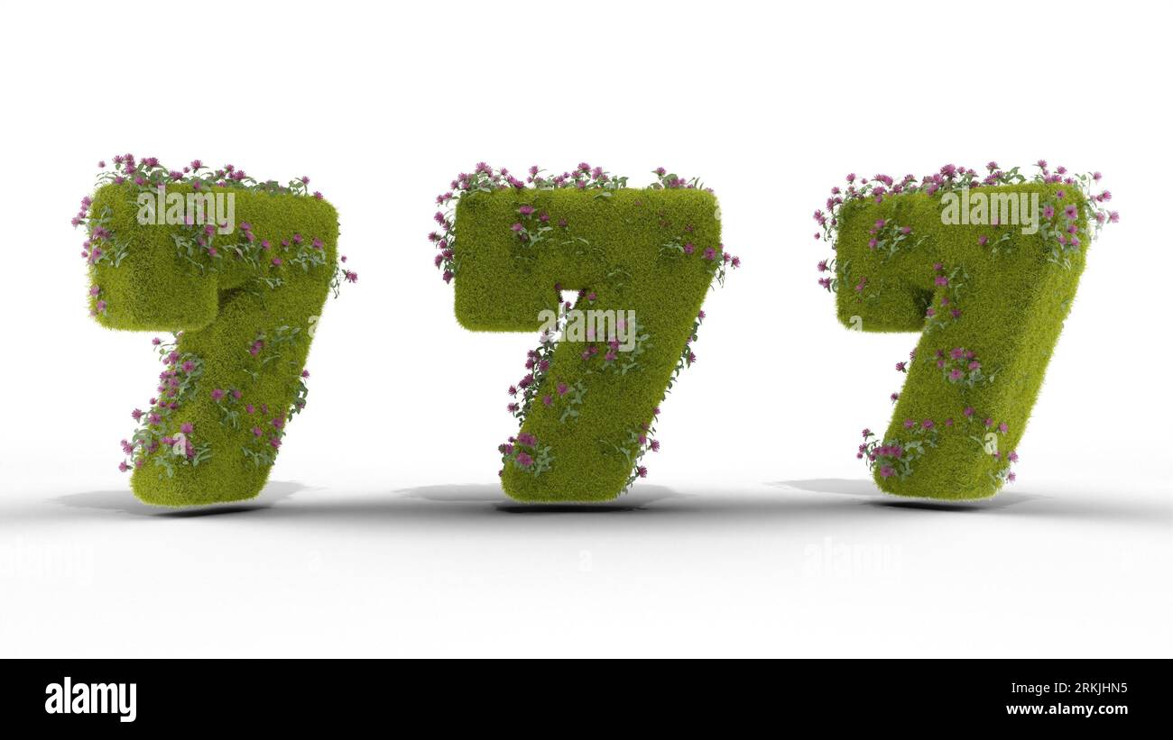 A 3D rendering of three green numbers seven decorated with grass and ...