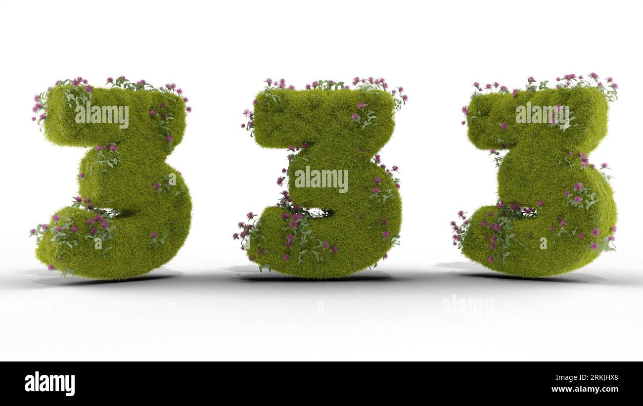 A 3D rendering of three green numbers three, decorated with grass and ...