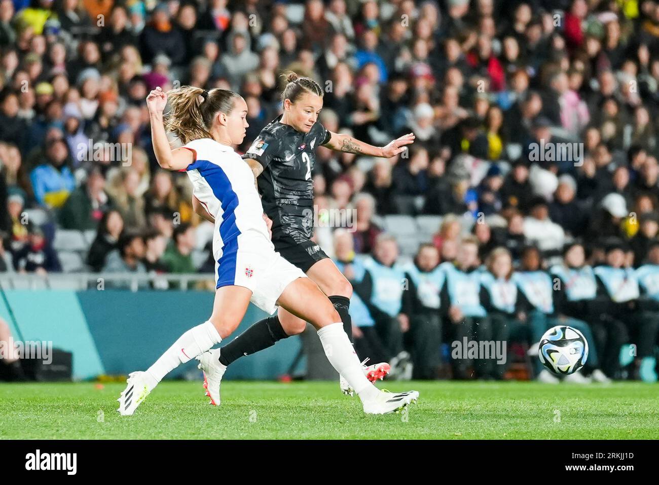 Ria Percival #2 of New Zealand and Guro Reiten #11 of Norway in action ...