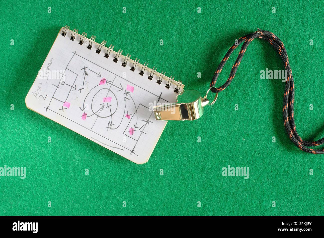 soccer tactics scribble on notepad and whistle of soccer referee or ...