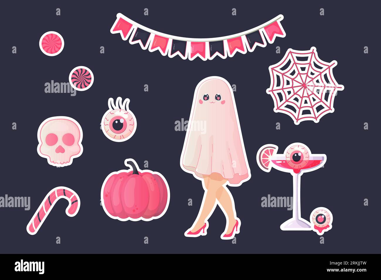 Set of pink Halloween stickers doll, pumpkin, candy, girl, cocktails ...