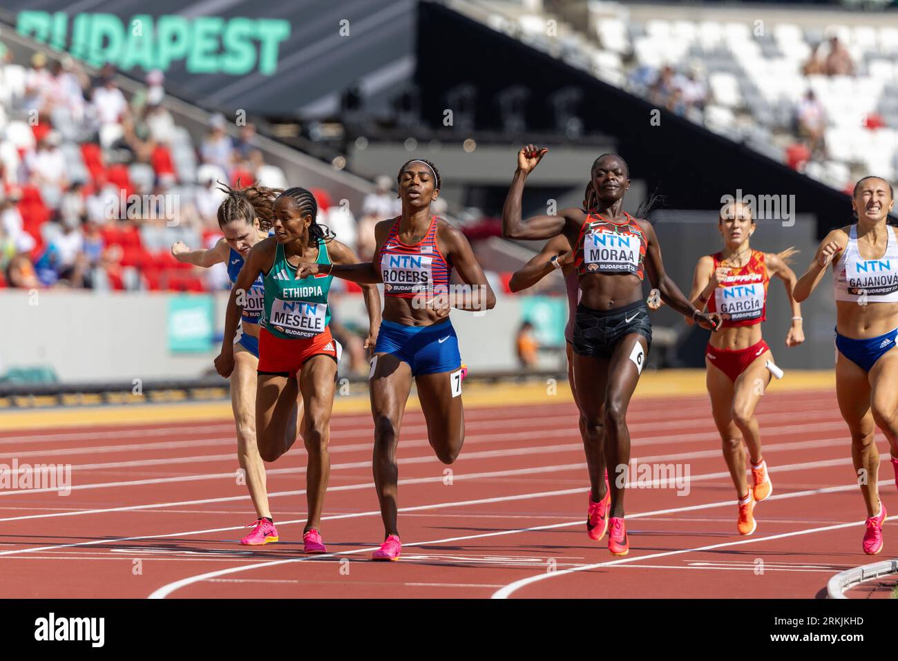 Mary Moraa raises a fist after finishing the 800 meters during the World Athletics Championships ...