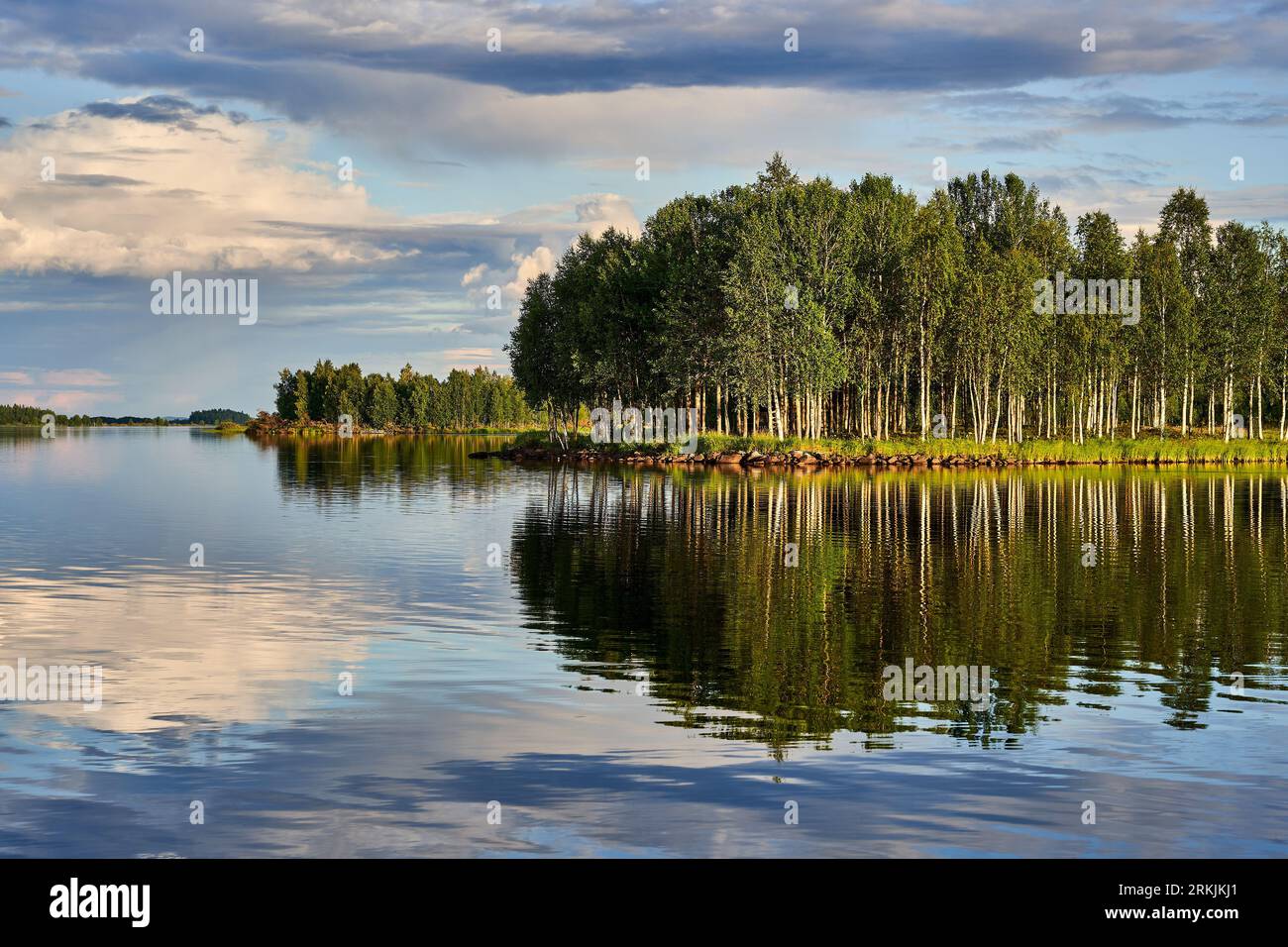 A tranquil landscape of a small island with lush foliage in the ...
