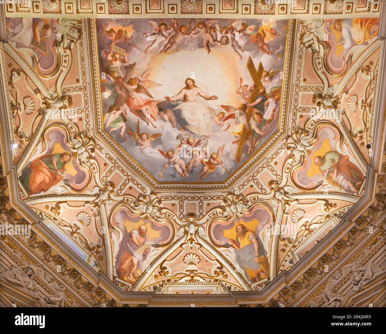 Genova - The ceiling fresco of Jesus as the Judge amng the angels and ...