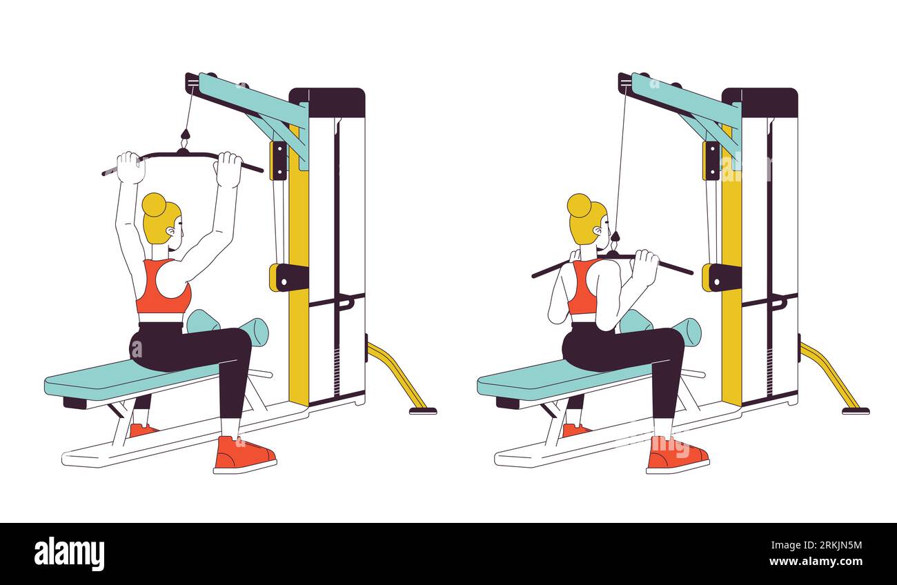 Working out on lat pulldown machine flat line vector spot illustration ...