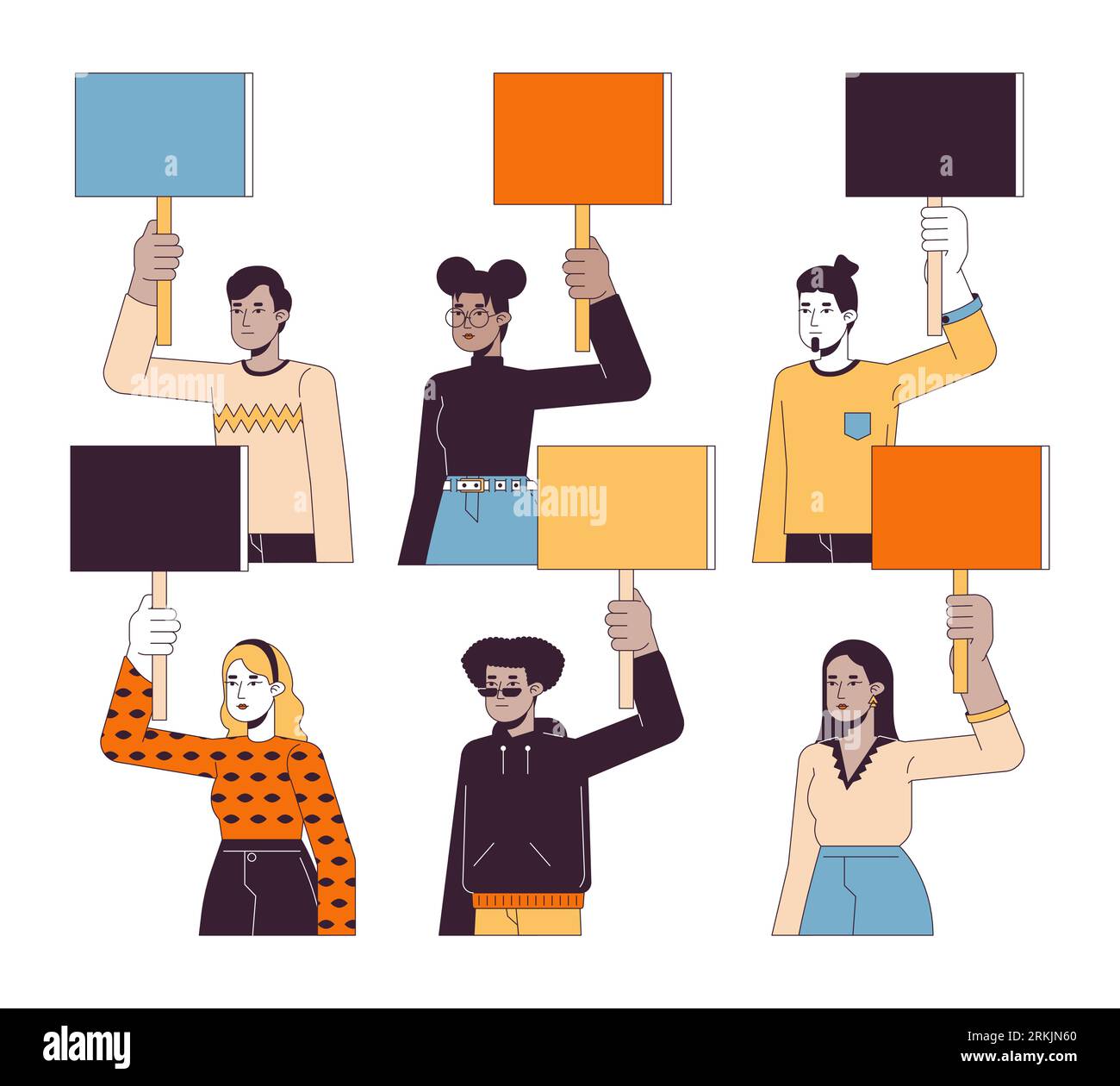 Protesters holding blank poster flat line color vector characters set ...