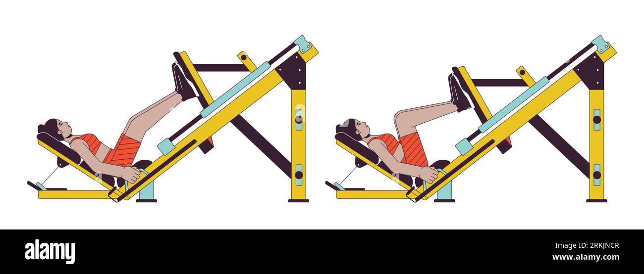 Working out on machine squat press flat line vector spot illustration ...