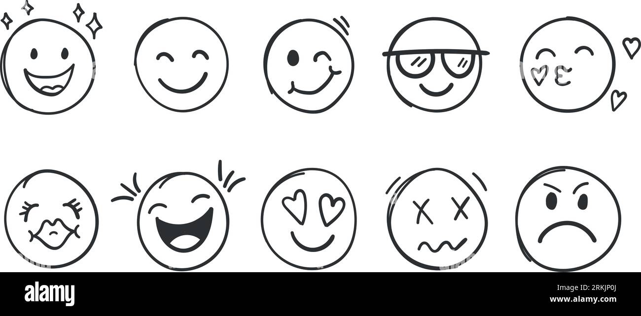 Emojis Faces Icon In Hand Drawn Style Doddle Emoticons Vector