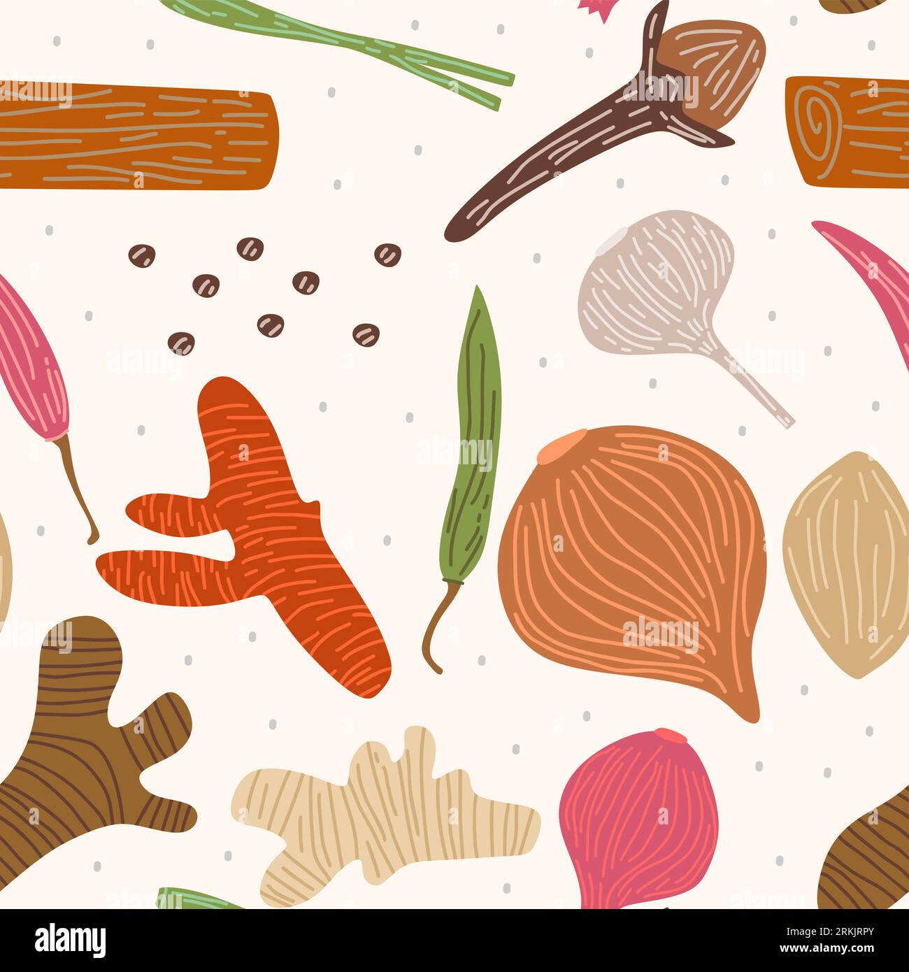 Vector seamless pattern with herbs such as ginger, chilli pepper, onion ...