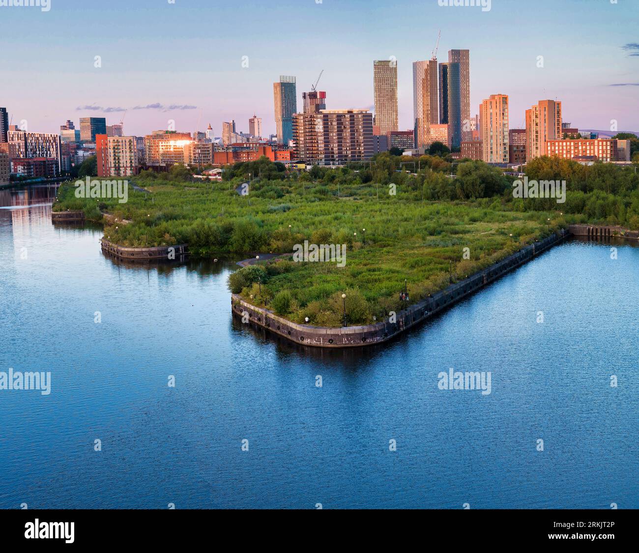 Manchester Skyline filmed over river Irwell Stock Photo - Alamy