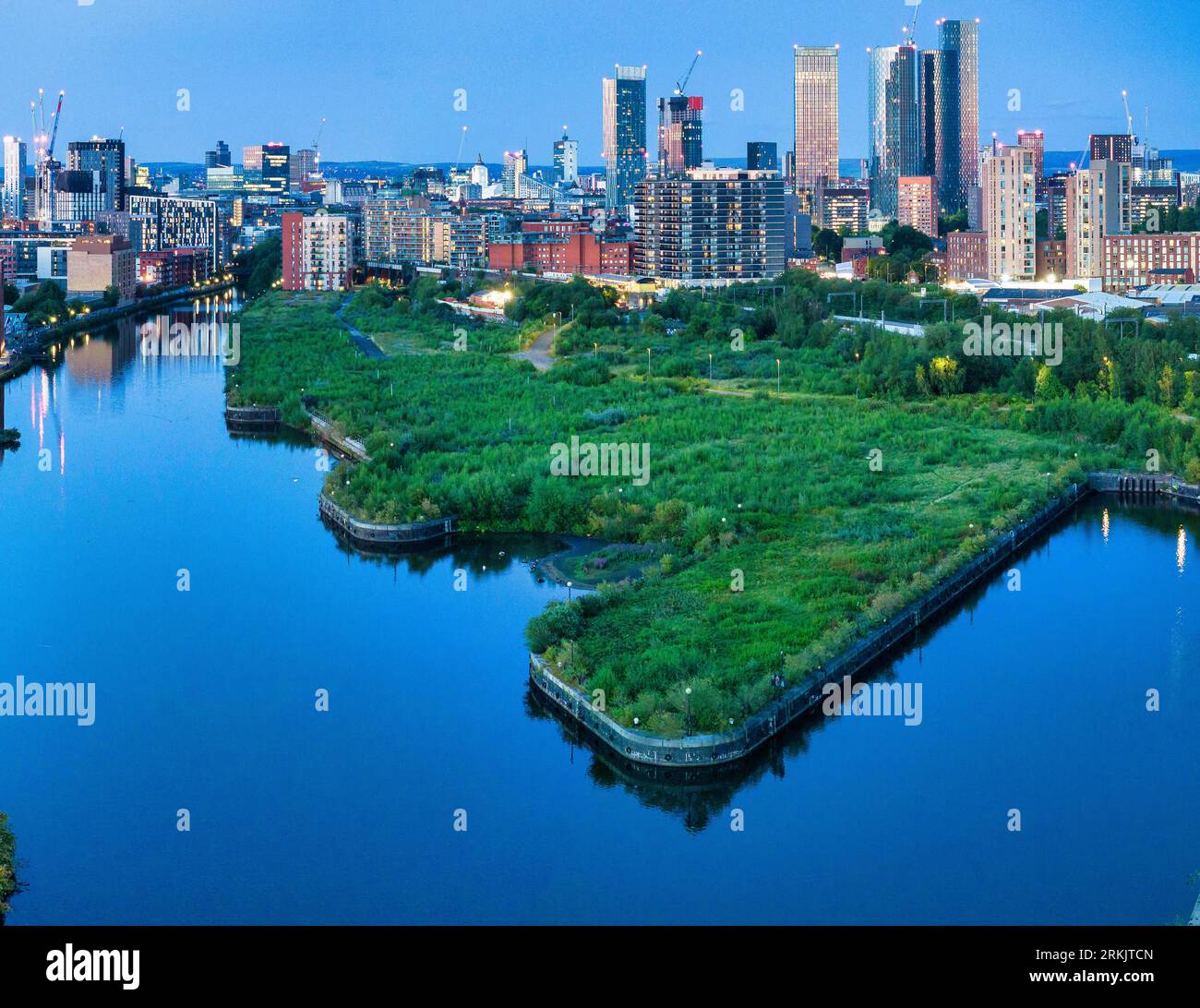 Manchester Skyline filmed over river Irwell Stock Photo - Alamy