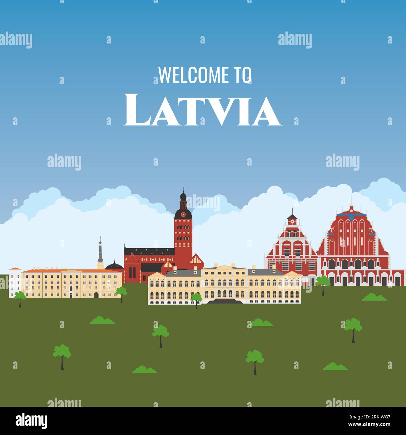 Latvia country design template with famous building landmarks. Flat ...