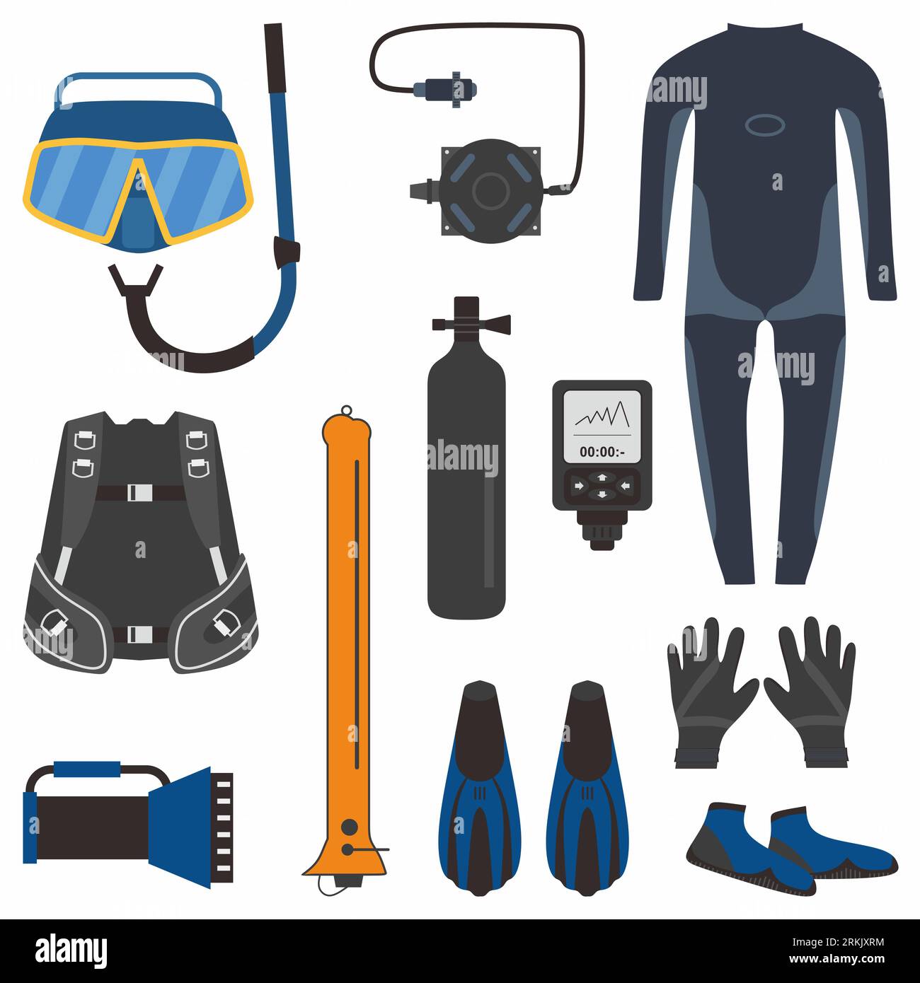 Set of diving tools for diving in flat element style isolated on white ...