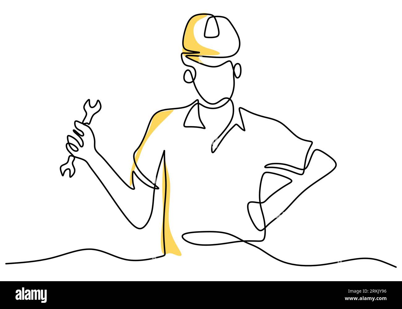 One continuous single line drawing of young man mechanic wearing hard ...