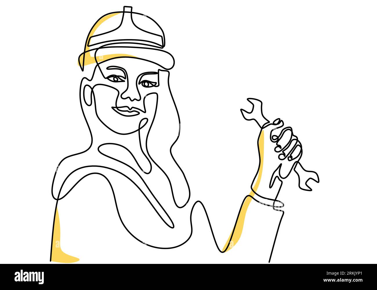 Continuous one line drawing of young woman mechanic wearing hard hat ...