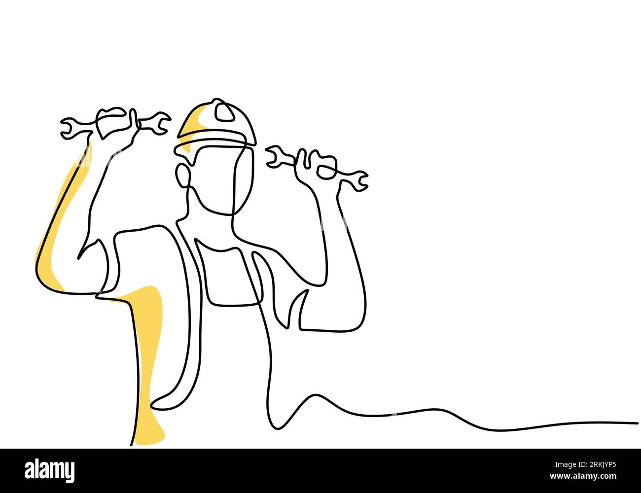 One continuous single line drawing of young man mechanic wearing hard ...