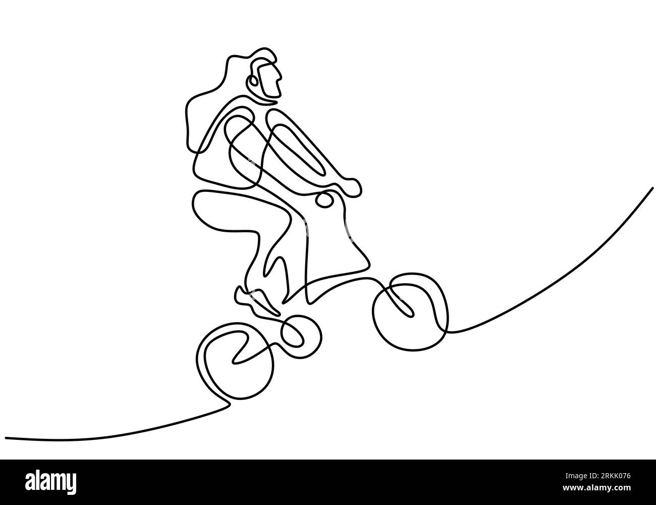 Continuous line drawing of happy woman cycling ride folded bicycle ...