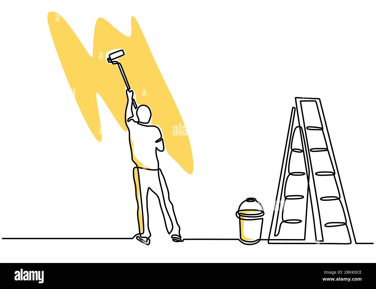 Continuous one line drawing of young handyman painting the wall using ...