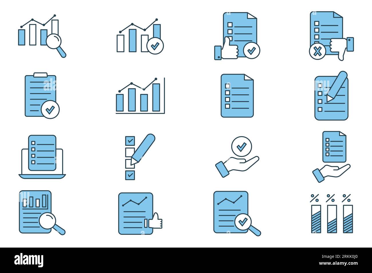 Survey set icon. Contains icons Checklist, graph, survey form, response, etc. suitable for web ...