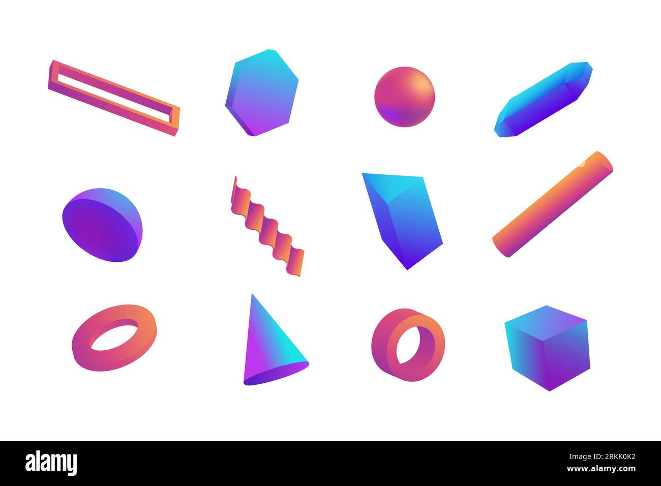 Neon geometric 3d shapes set. Torus with purple hexagon and triangle ...