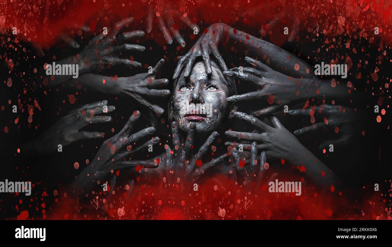 Halloween concept of fancy makeup of scary witch face surrounded by ...