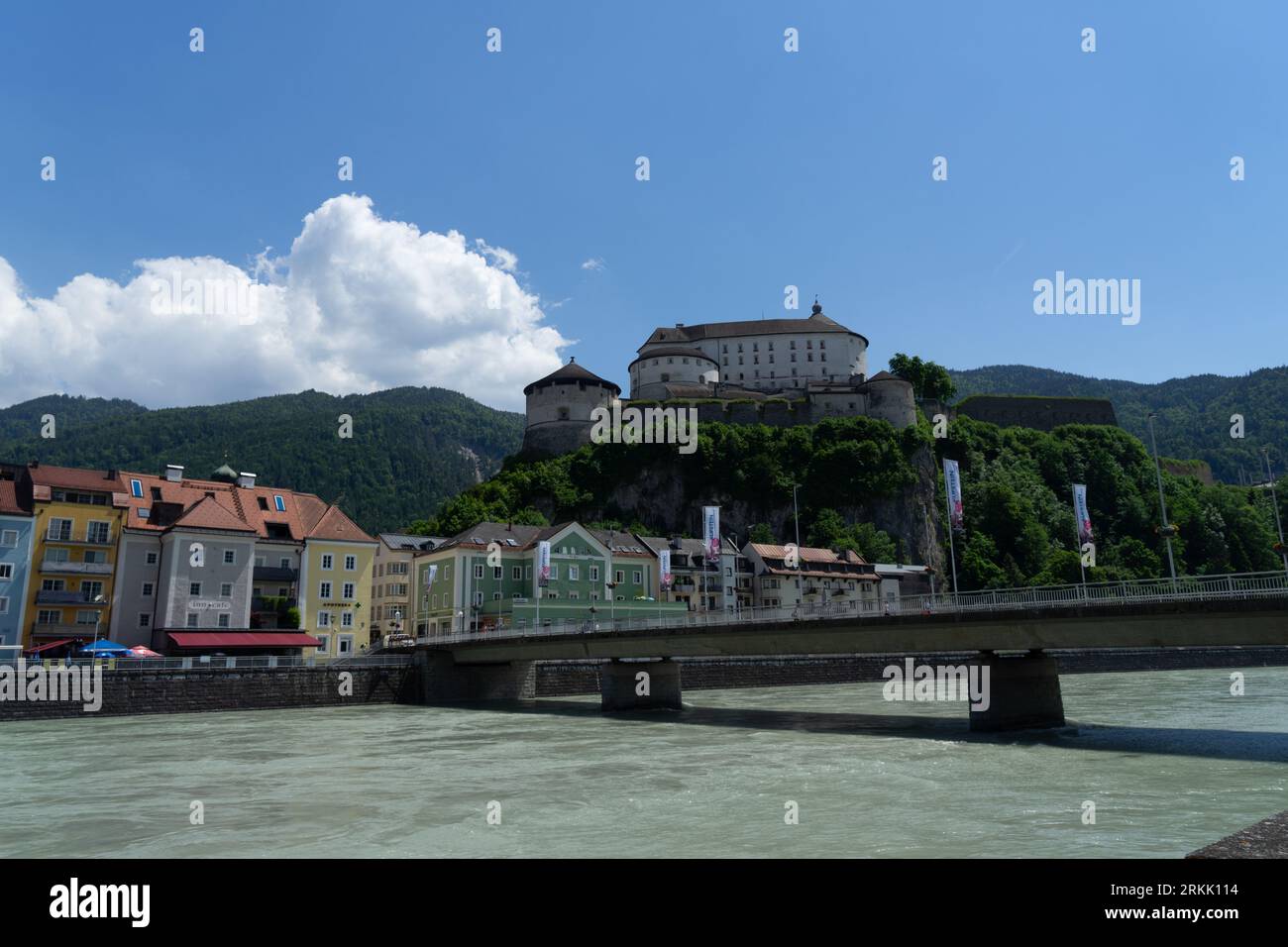 Old fortress with the river Inn in the austrian village called Kufstein ...