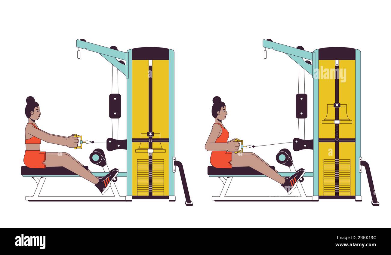 Working out on seated row machine flat line vector spot illustration ...