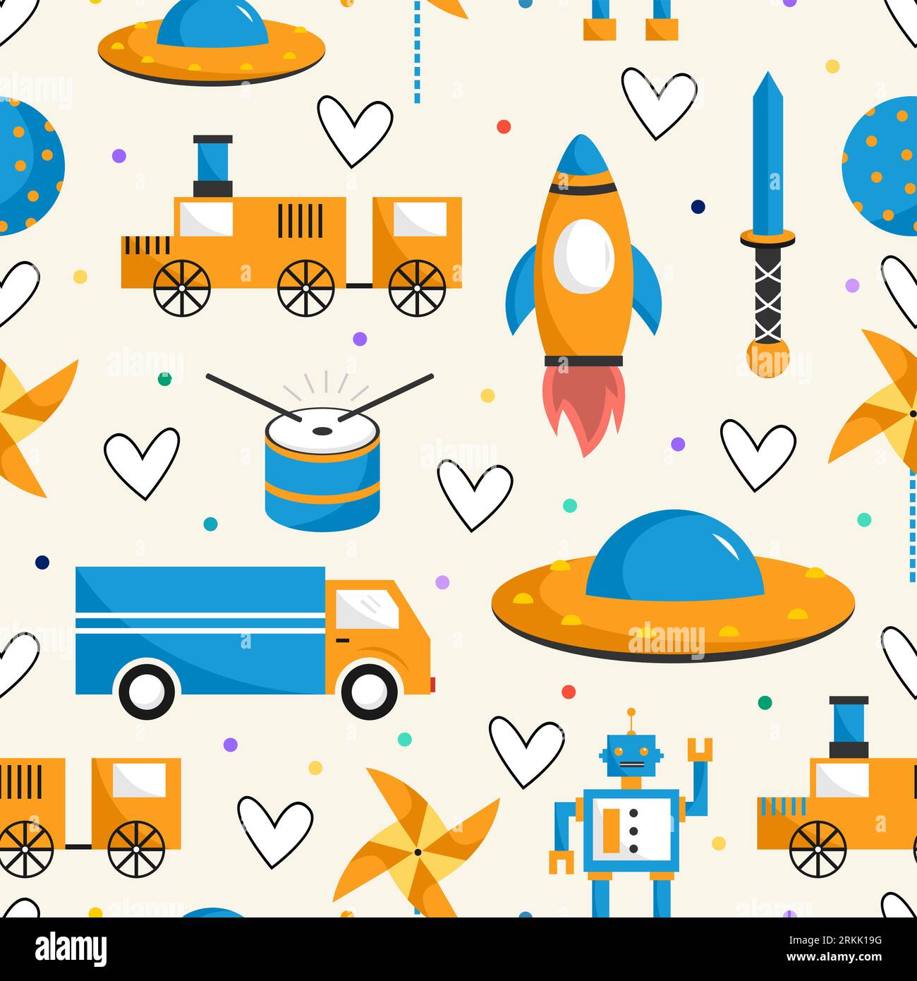 Seamless vector pattern with train, robot, truck, rocket, ball, drum ...