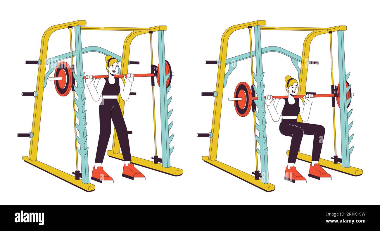 Working out on weight power rack flat line vector spot illustration ...