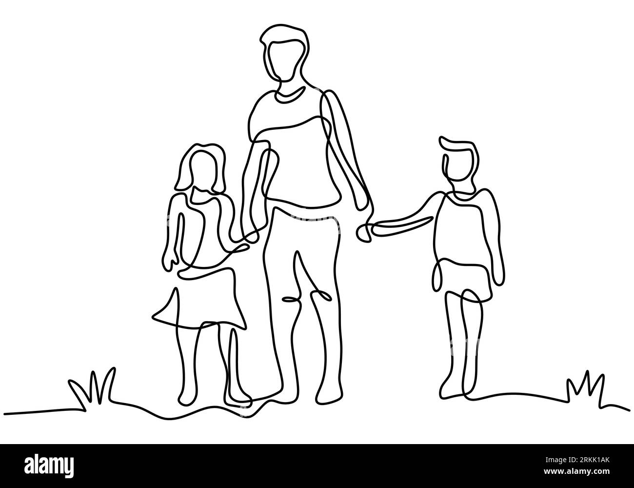 Continuous one line drawing of father and his two children of son and ...