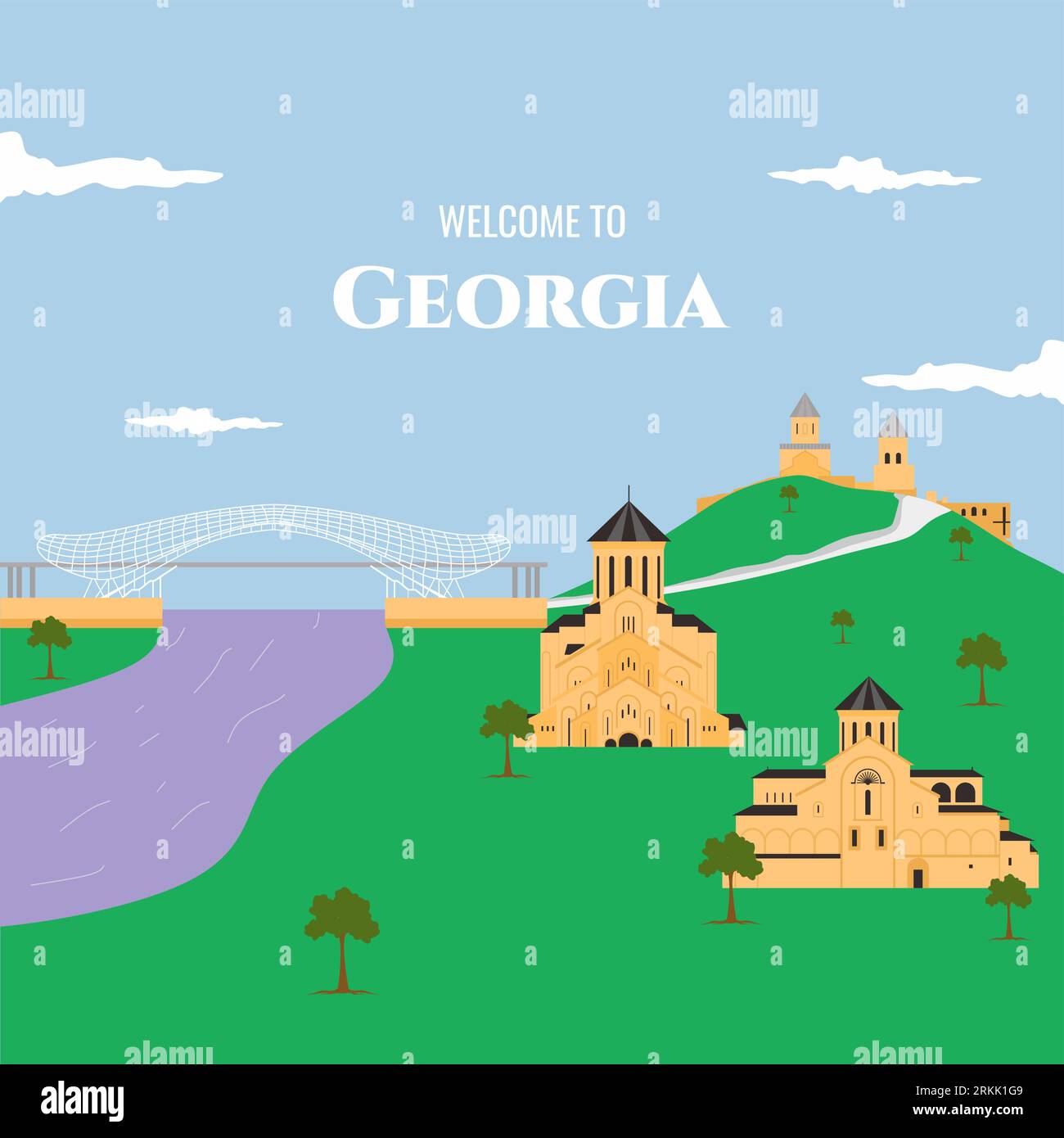 Flat vector illustration set of Georgia consisting of landmark ...