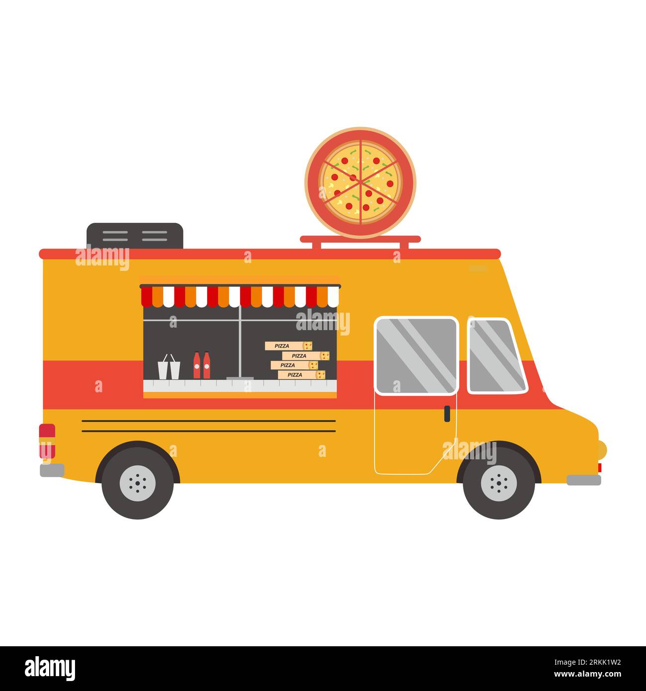 Flat cartoon pizza truck icon. Italian restaurant menu Pepperoni ...