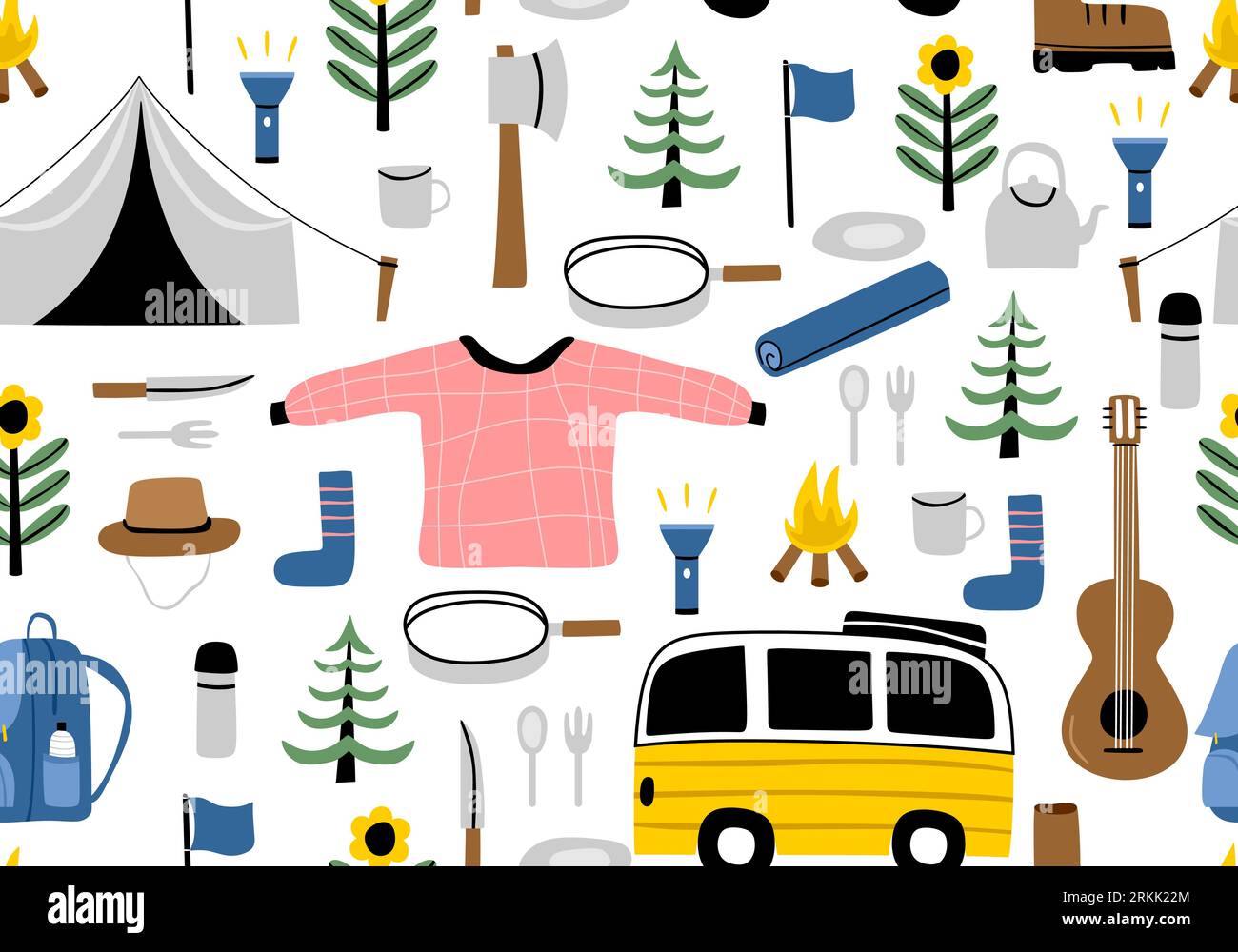 Cute cartoon hand drawn scandinavian style camping equipment symbols ...