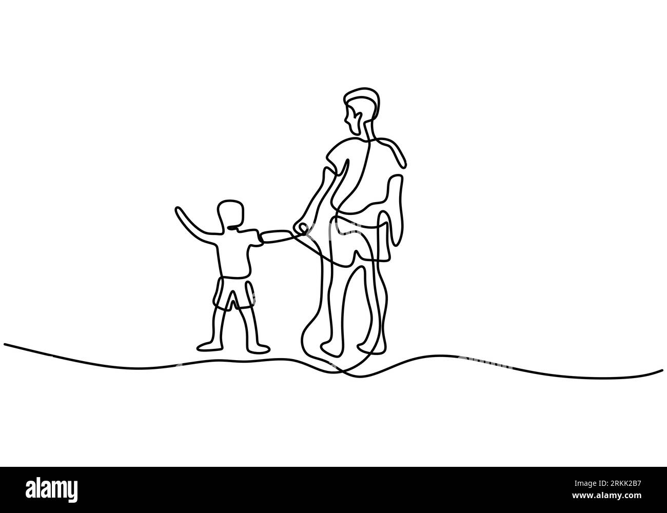 Father walking together with his son continuous one line drawing. Happy ...
