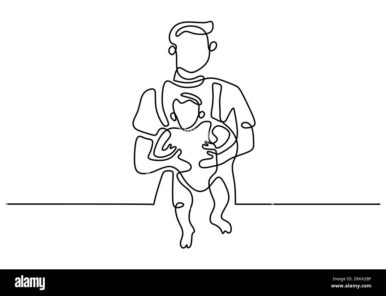 One continuous line drawing of young dad carrying his child. Happy ...