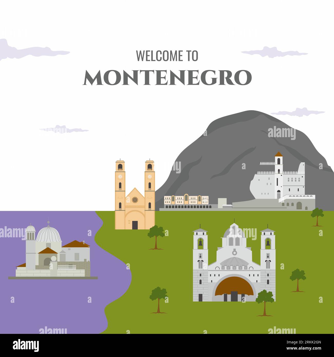 Welcome To Montenegro country design template with famous building ...