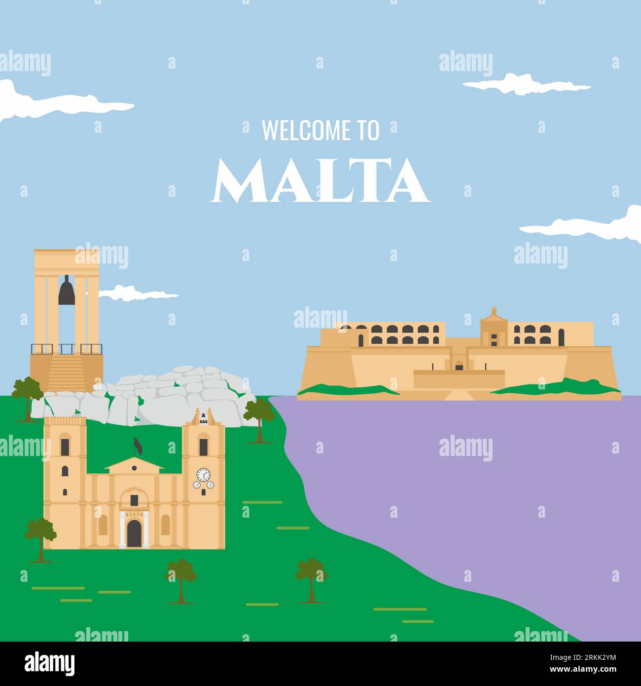 Colorful Malta landmark building background and lettering Welcome to ...