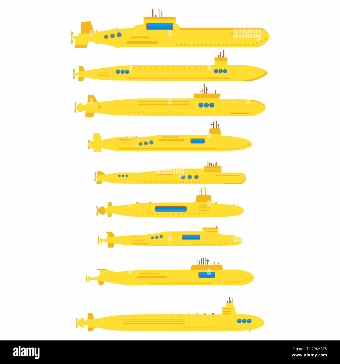 Set of yellow submarines in flat element style isolated on white ...